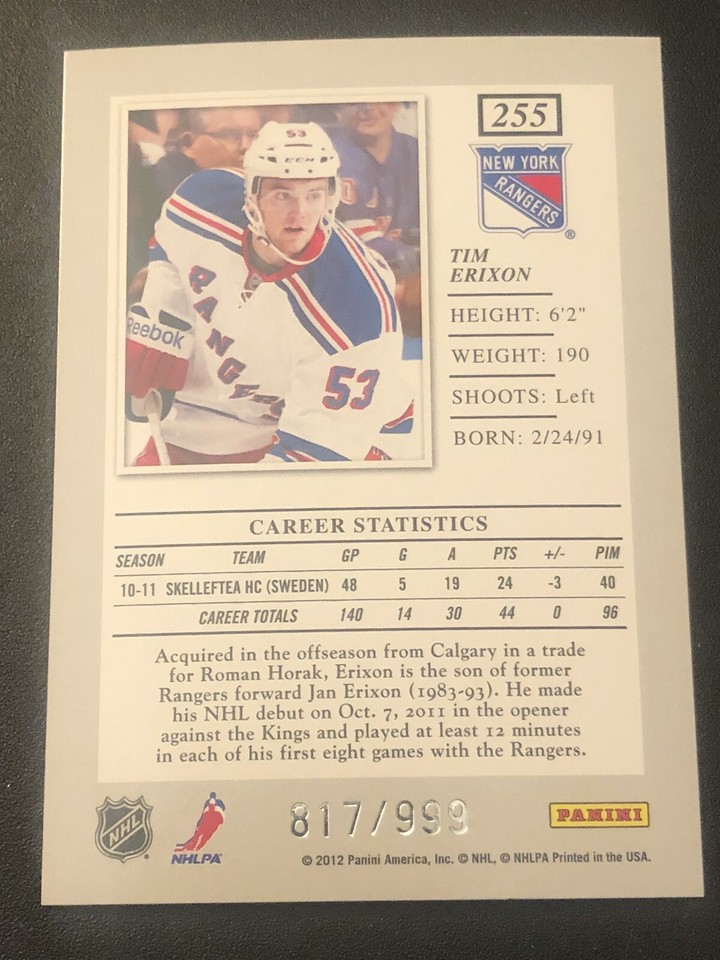 2011-12 Panini Elite /999 Tim Erixon #255 Rookie RC | eBay