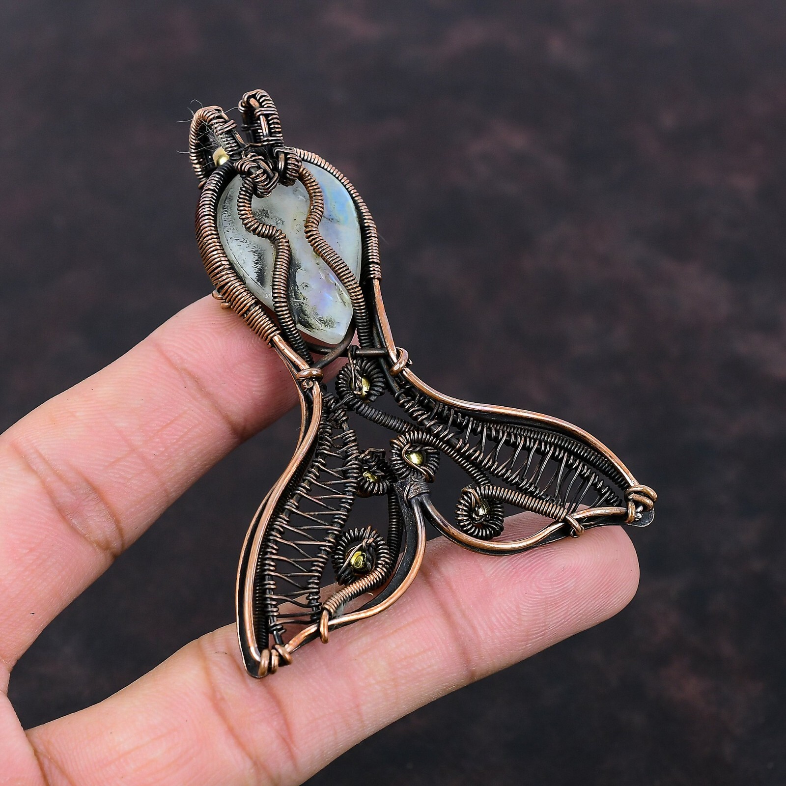 Rainbow Moonstone Wire Wrapped Fish Pendant Handcrafted Copper Ethnic 2 ...