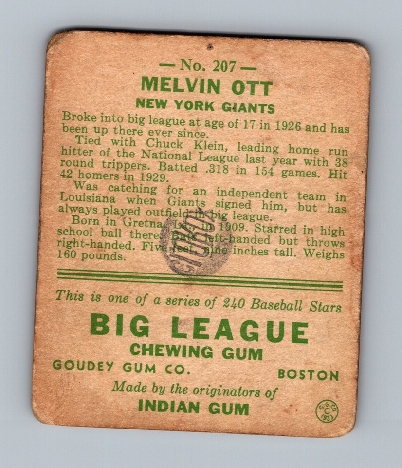 1933 Goudey #207 Mel Ott LOW GRADE (pin hole, MK) Baseball Card | eBay