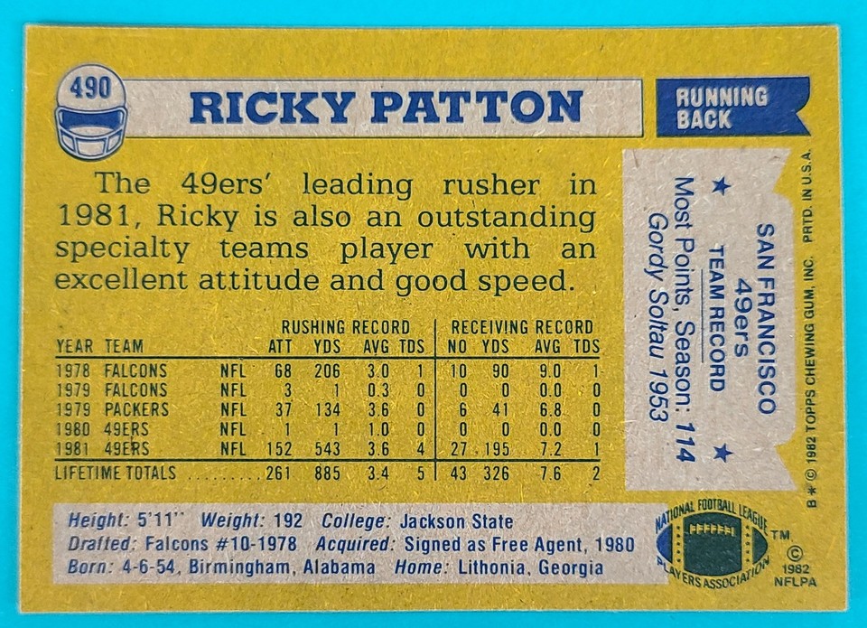 1982 Topps #490 Ricky Patton San Francisco 49ers FOOTBALL Card Z7 | eBay