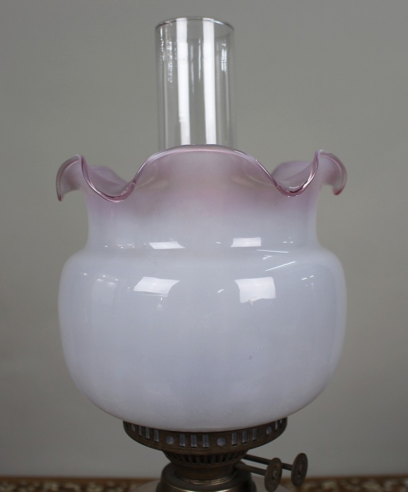 Antique Duplex Oil Lamp with Frosted Pink Glass Font and Opaline Shade ...