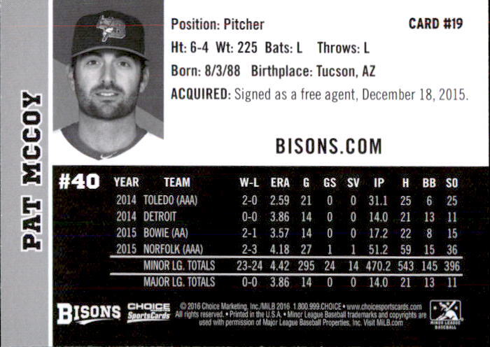 2016 Buffalo Bisons Choice #19 Pat McCoy Tucson Arizona AZ Baseball ...