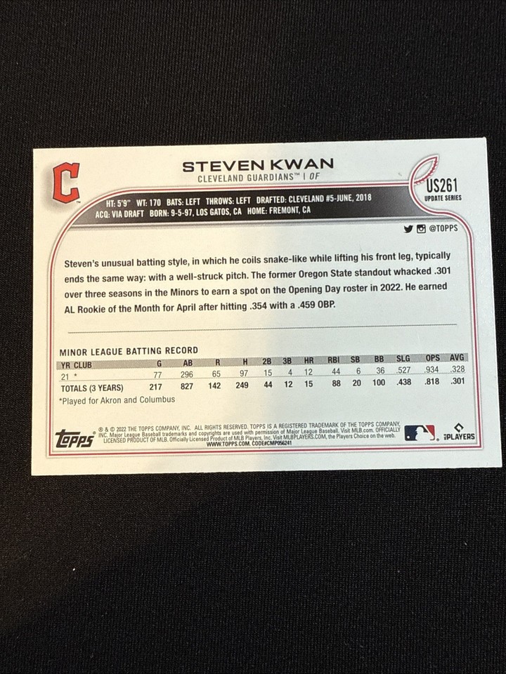 2022 Topps Update Steven Kwan Signed Rookie Card US261 Guardians ...