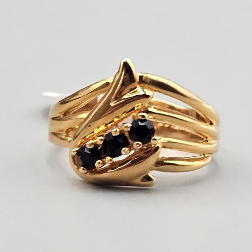 Vtg 18k Gold Plated Black Crystal Ring Open Work Swoop Maximalist Size ...