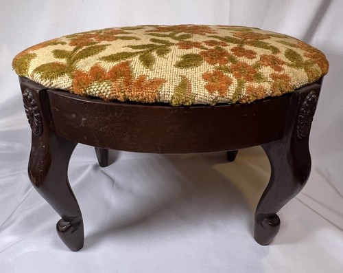 Vintage ATQ Floral Upholstered Footstool Carved Wood Base Unique Legs ...