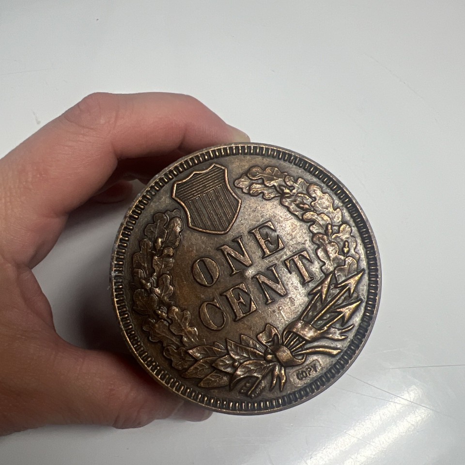Vintage 1877 Indian Head Penny Shape Piggy Bank Embossed Metal Stacked ...