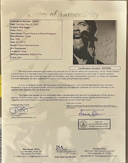 BOB SEGER Signed 8x10" Photo with JSA Full Letter of Authenticity RARE ...