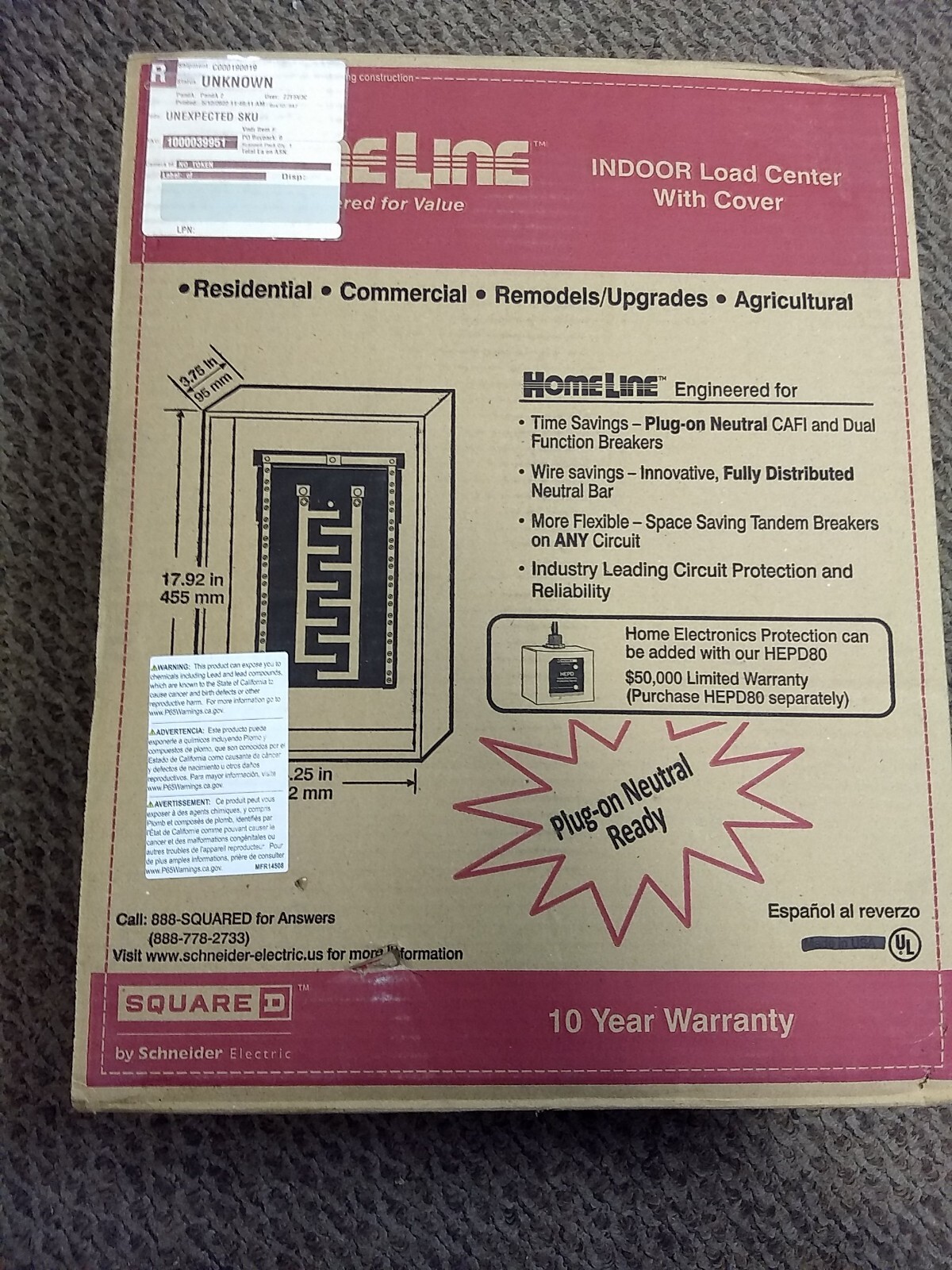 Square-D HOM1224L125PGC Homeline Load Center, 12-Spaces, 125A, 24 ...