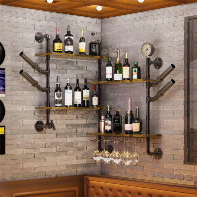Industrial Wall Wine Rack Floating Bar Liquor Bottle Shelves Pipe w ...