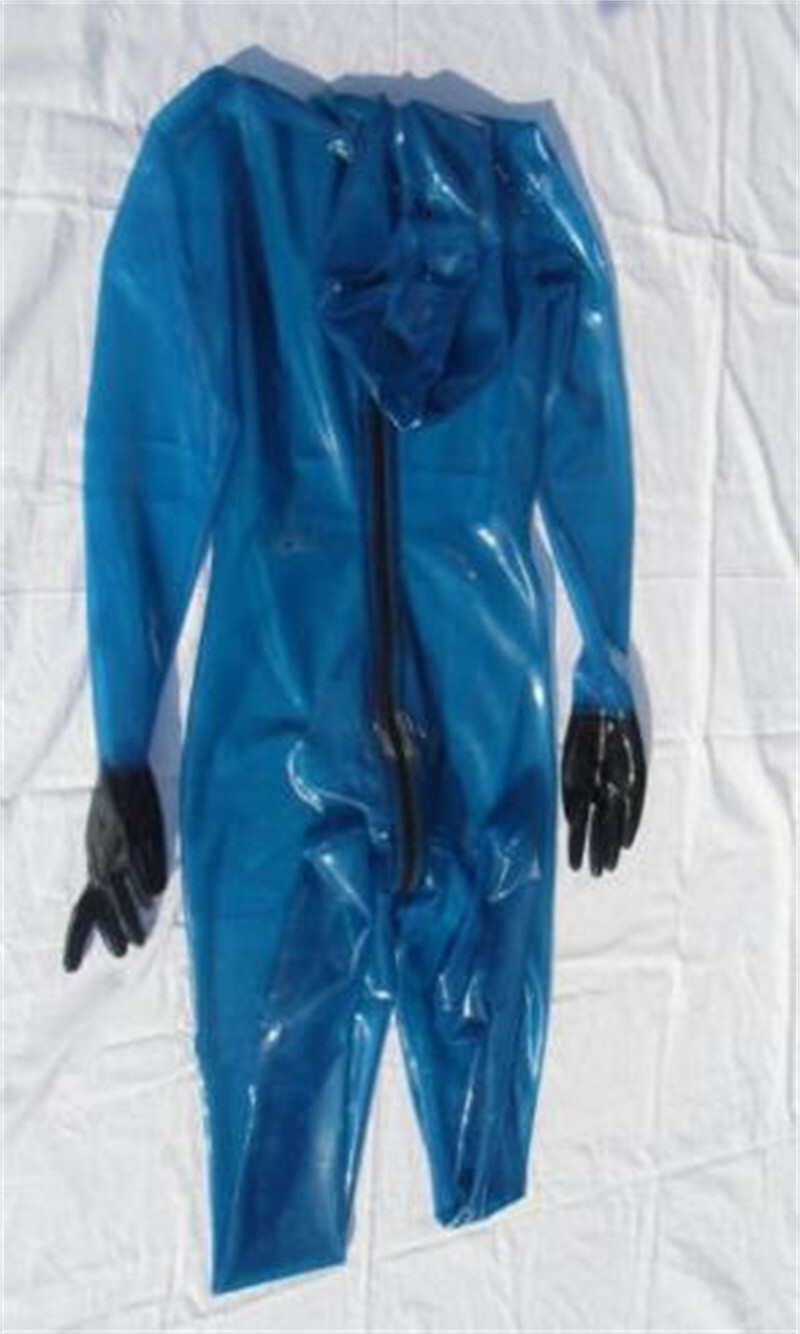 Transparent Blue latex gummi catsuit with black gloves codpiece hidden ...