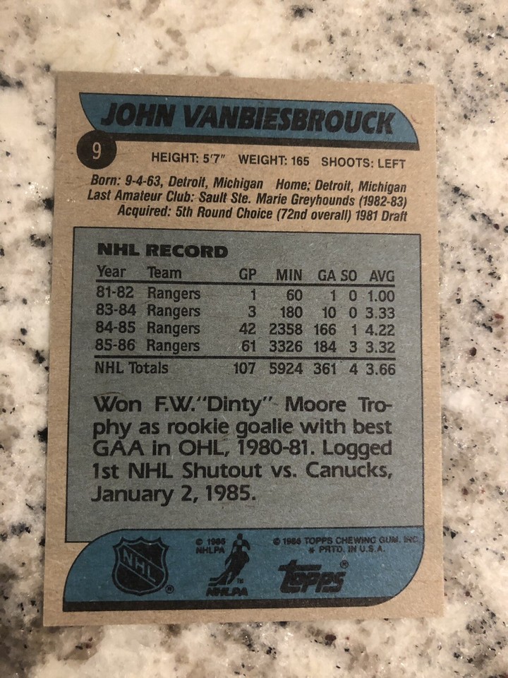 1986-87 TOPPS JOHN VANBIESBROUCK ROOKIE #9 RC MINT RANGERS | eBay