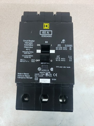 Square D EDB34060 60 Amp 3 Pole 480Y/277V bolt on Circuit Breaker | eBay