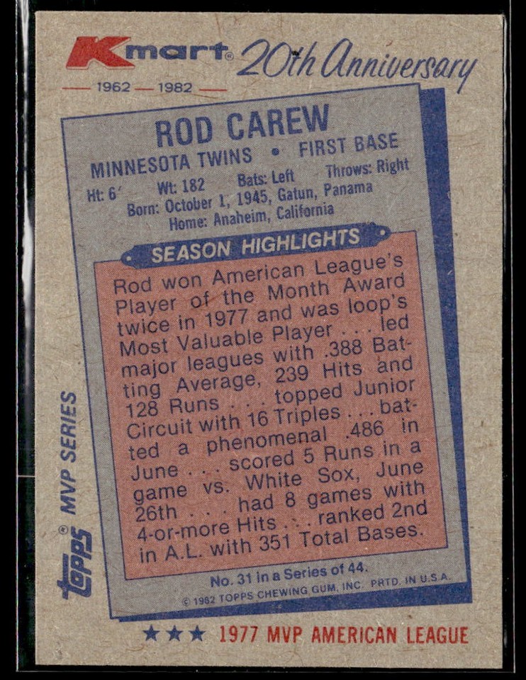 1982 Topps Kmart 20th Anniversary #31 Rod Carew Baseball Card 0403N | eBay