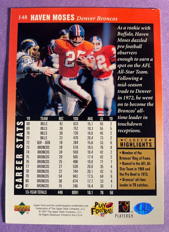 SIGNED HAVEN MOSES 1997 UPPER DECK LEGENDS FOOTBALL CARD AUTOGRAPHED ...