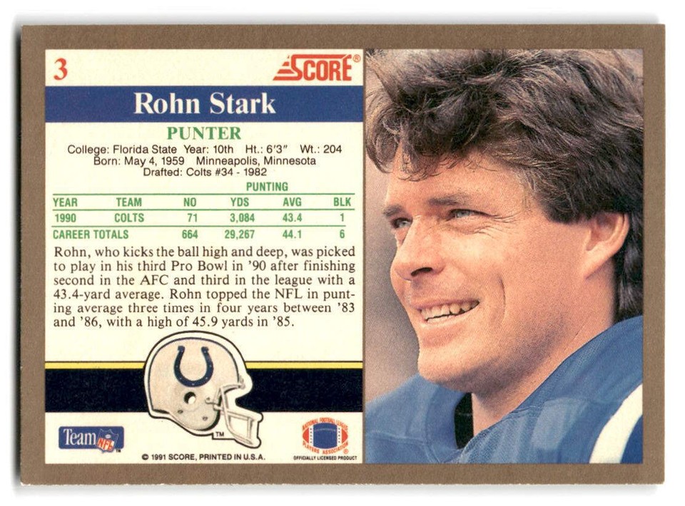 Rohn Stark 1991 Score FOOTBALL #3 Indianapolis Colts | eBay