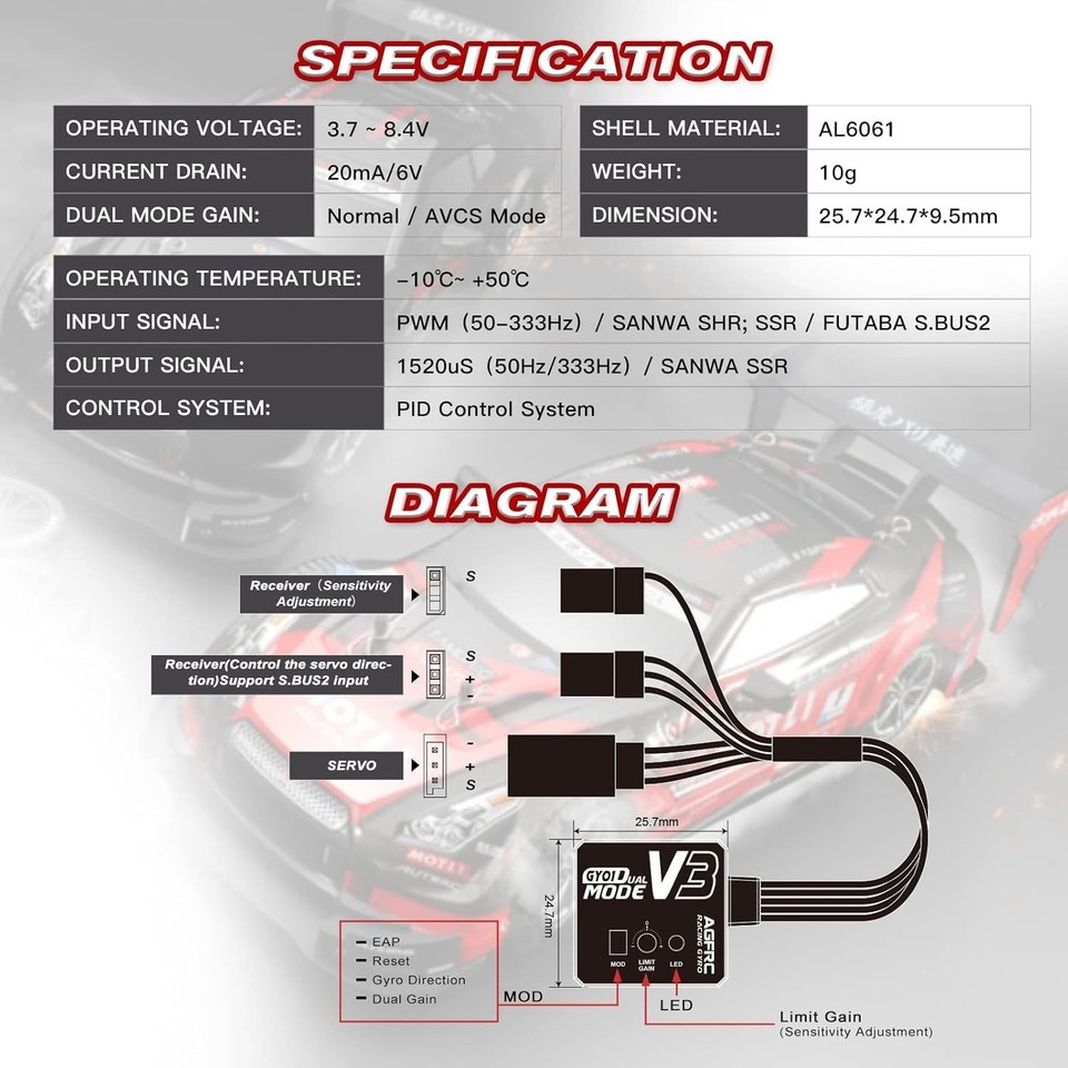 AGFRC Dual-Gain Drift RC Gyro - Tuned Rated Gyros with Aluminum Case ...