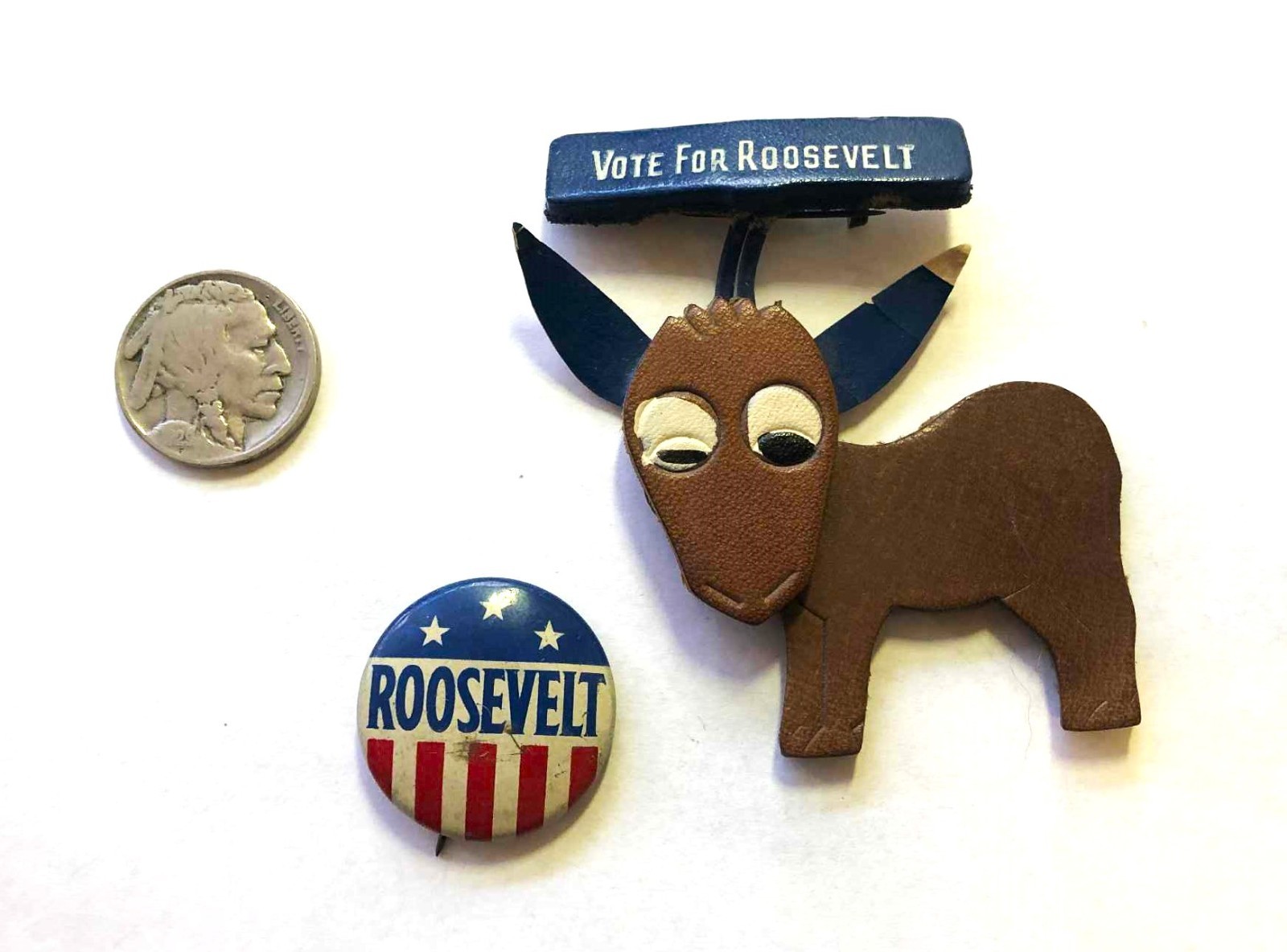 1940 Roosevelt campaign button and Leather Donkey pin from ...