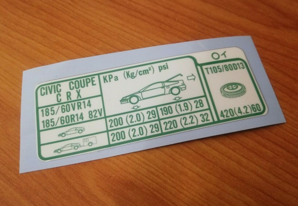 CRX Civic 88-91 - Fits D16 B16 Tyre Pressure Label Decal - Aftermarket ...
