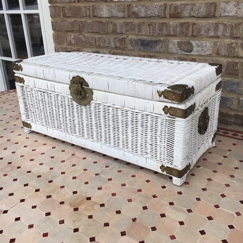 White Rattan Wicker Chest W/ Etched Brass Accents Box Boho Vintage ...