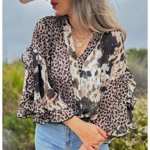 Amoli Animal Leopard Print Chiffon Bell Sleeve Top Size small | eBay