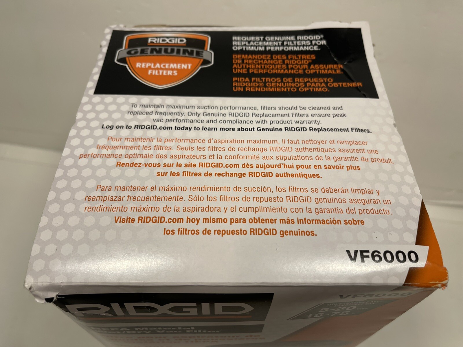 HEPA Cartridge Filter 5-Layer Pleated Paper for RIDGID VF6000 Wet&Dry ...