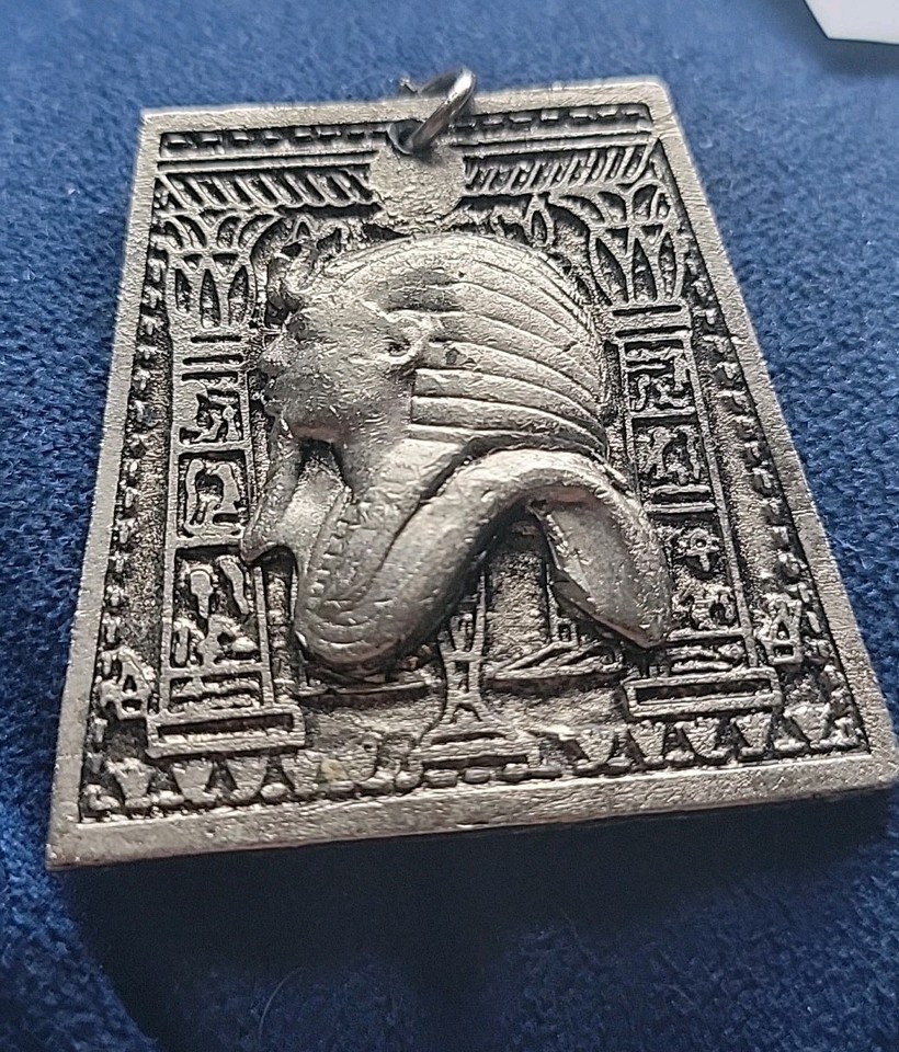 King Tut pharaoh jewelry 2" pendant Egypt raised profile beard silver tone metal | eBay