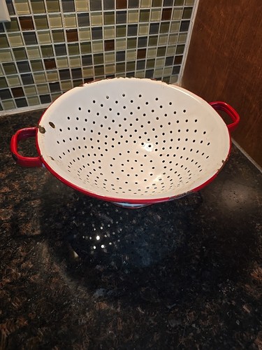 Vintage Metal & Enamel Colander Strainer, White w/ Red Trim 10 ...