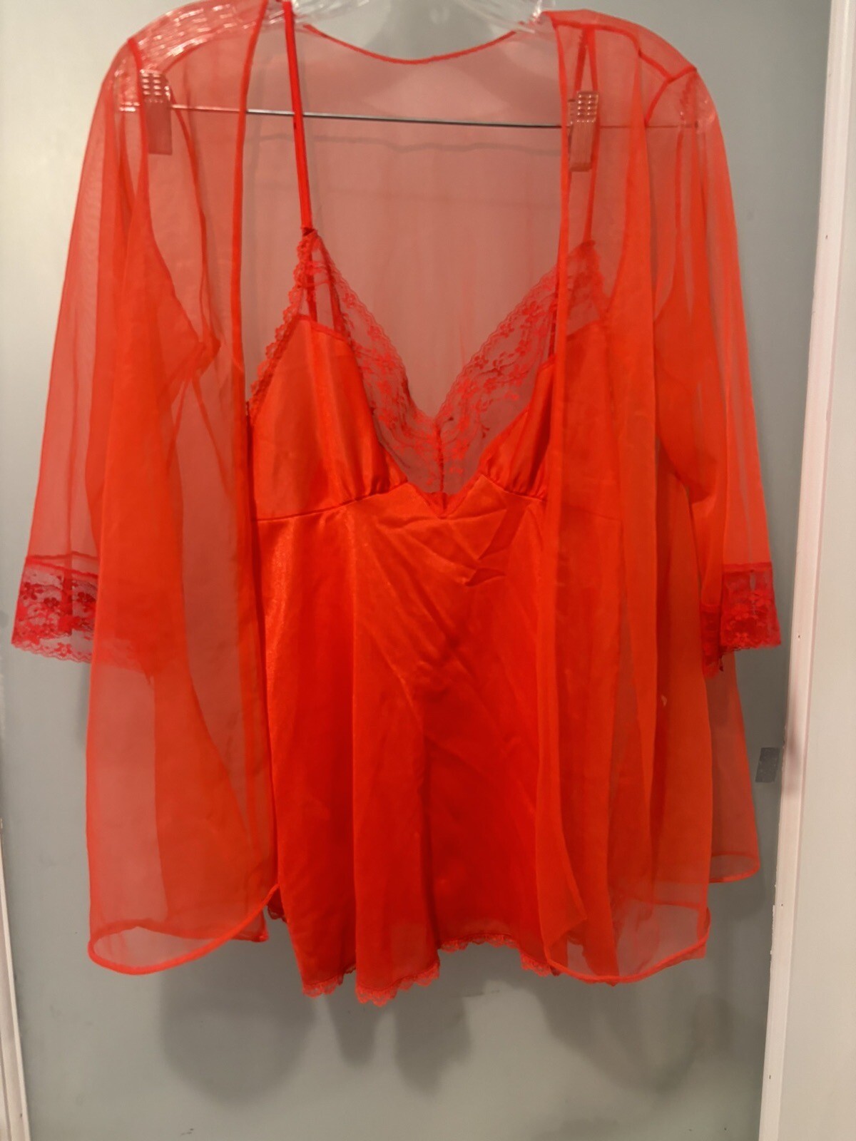 Vintage Sears 70s Red Lace Nighty Set W/ SHEER Chiff… - Gem