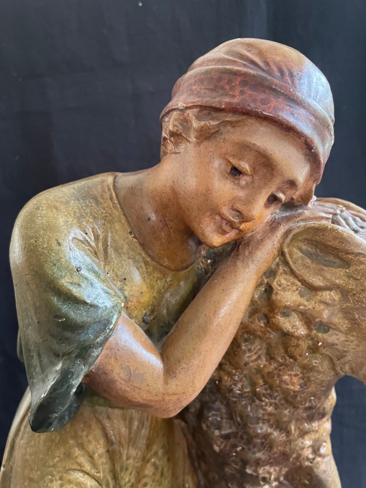 Antique 1930 plaster girl with lion . Signed. 18. Inches High ...