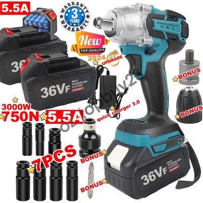 750Nm 1/2" Brushless Cordless Impact Wrench Rattle Gun Drill Socket ...