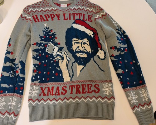 Bob Ross Ugly Christmas Holiday Sweater happy Little Xmas Trees Men's ...