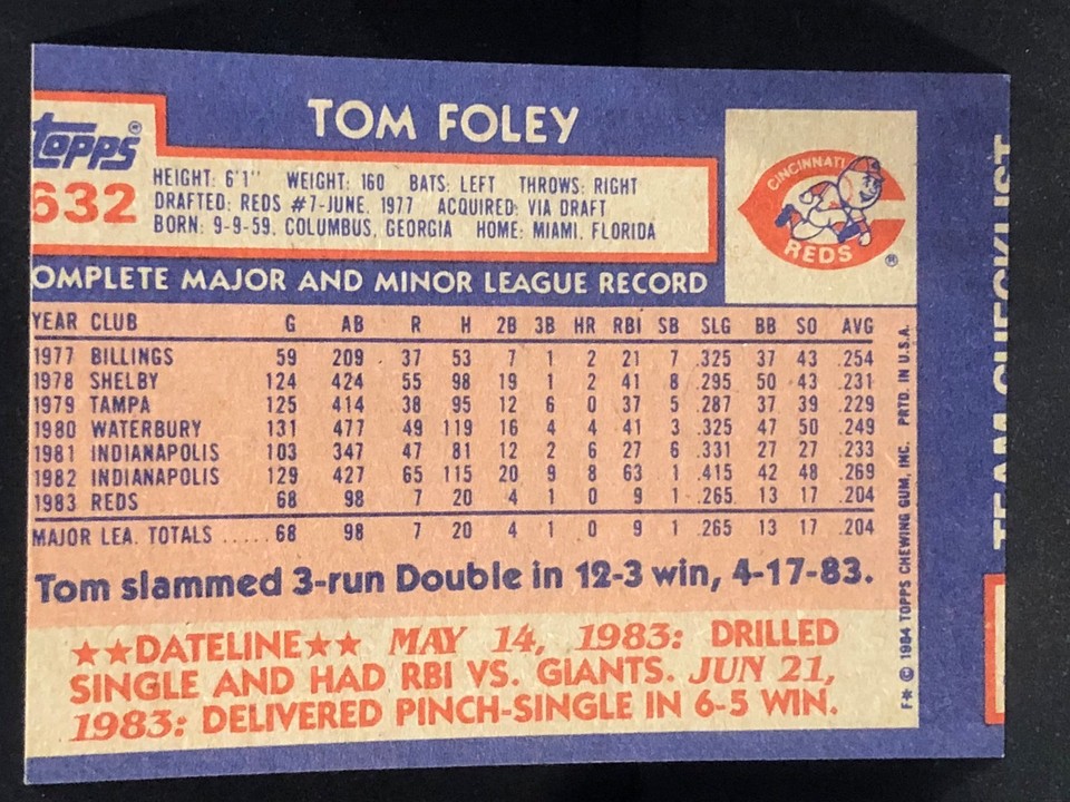 TOM FOLEY 1984 Topps Baseball ERROR OddBaLL MISCUT RC Card #632 ...