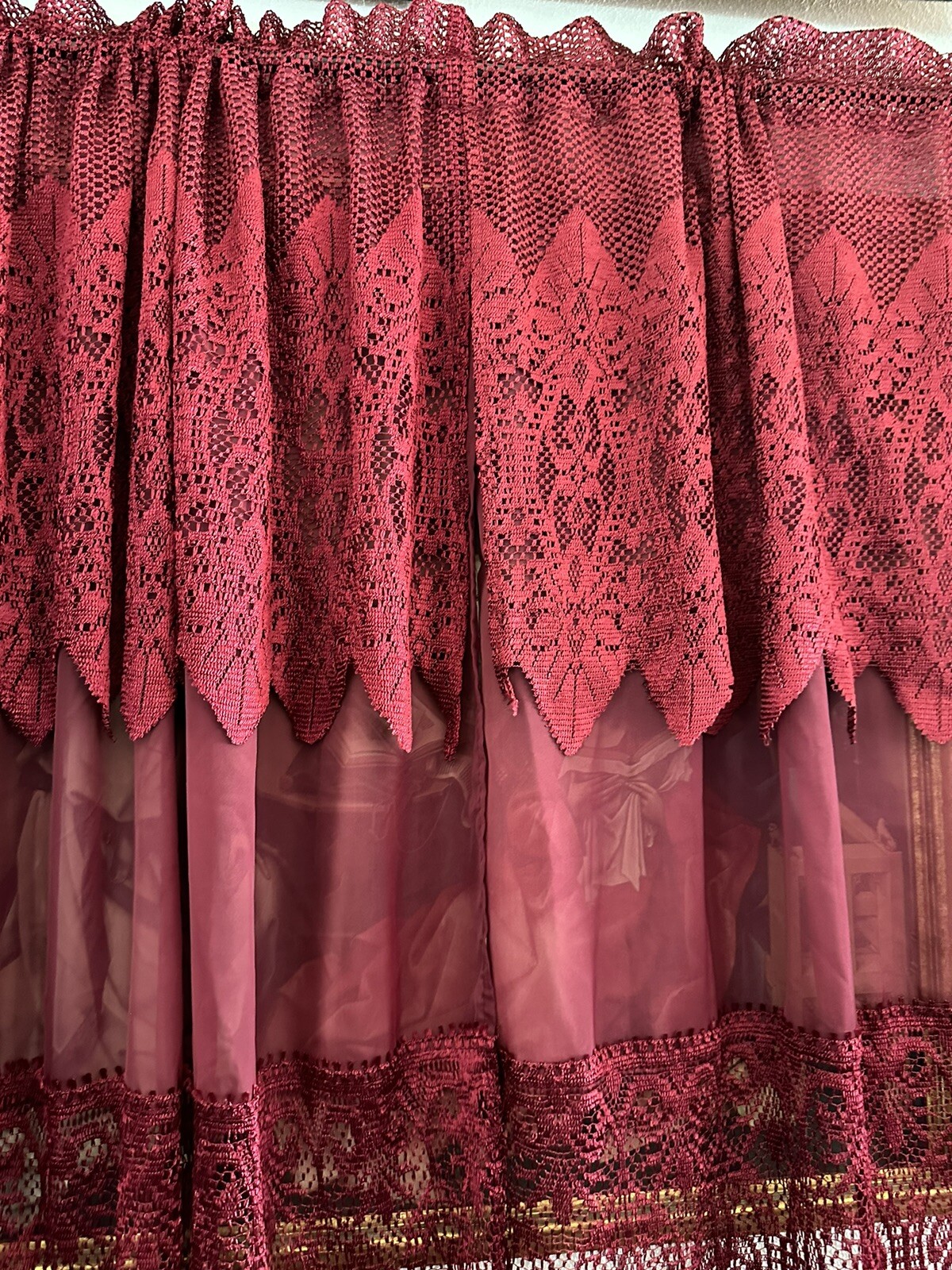 VTG French Red Sheer Lace Fishnet 2 Hanging Drapes Panels 64”L x 51” W ...