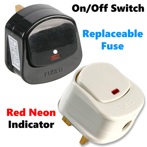 13A Switched Plug Top with Red Neon Indicator Mains Plug with On Off ...