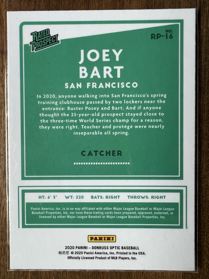 2020 Donruss Optic Joey Bart RATED PROSPECT Card #RP16 San Francisco ...