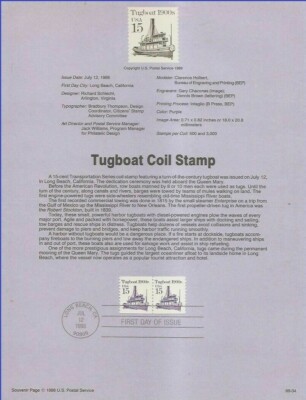 TUGBOAT 1900s TRANSPORTATION COIL #2260 1988 USPS FIRST DAY Souvenir ...