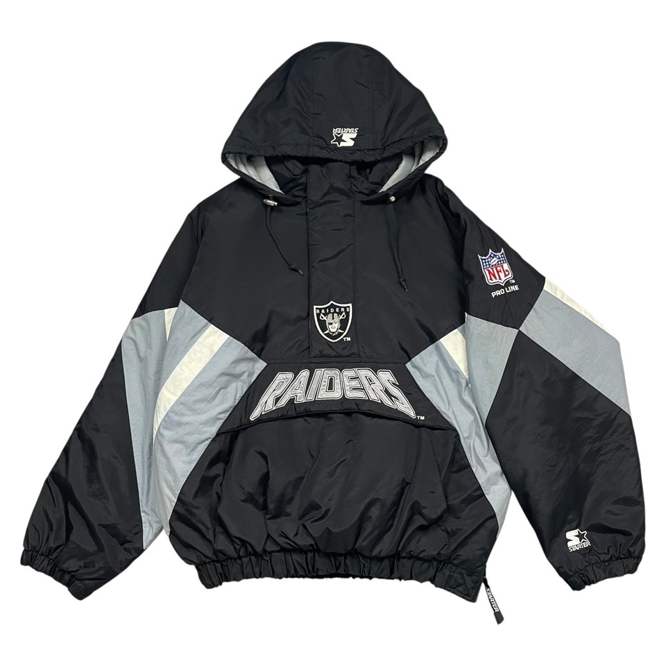 VTG 90s NFL OAKLAND RAIDERS STARTER PULLOVER HOODED PUFFER JACKET SIZE ...