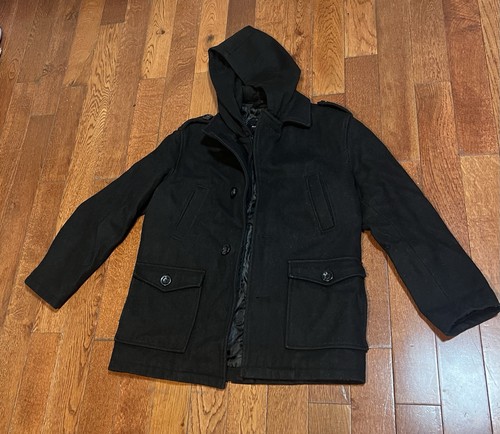 BLACK RIVET Wool Military Hooded Button Down Cargo Coat Jacket Mens ...