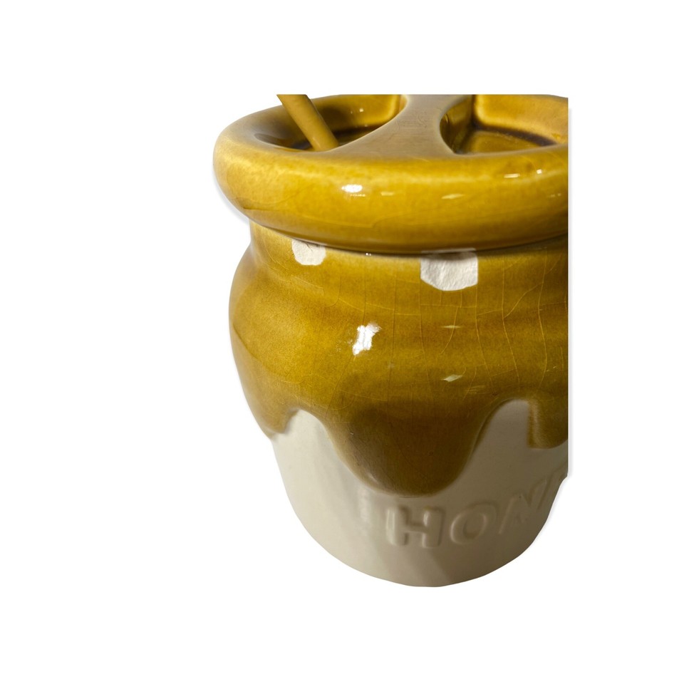 Ceramic Stoneware Honey Pot Jar Honey Lid & Dripper Yellow Chipped | eBay