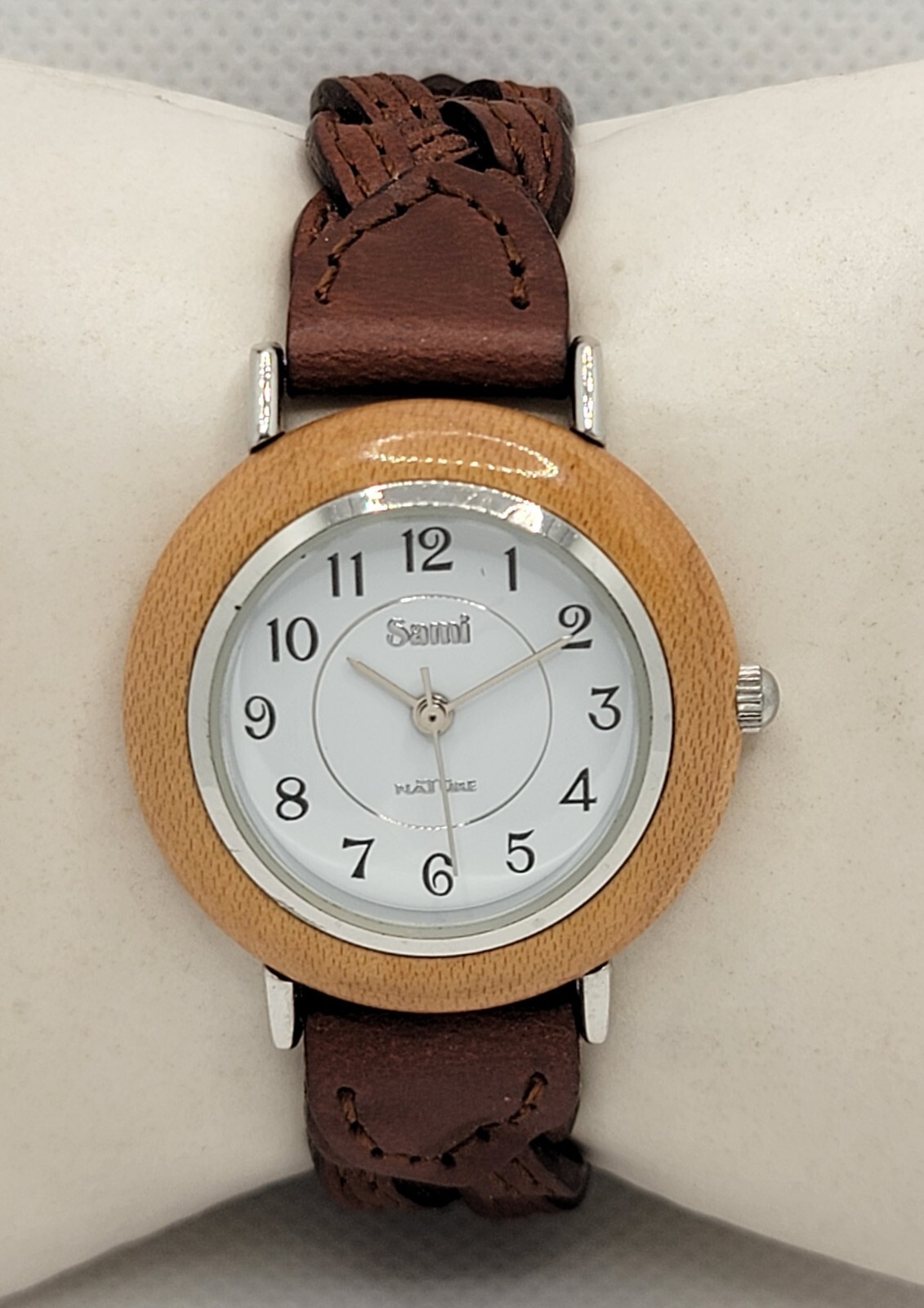 Ladies Sami Nature Classic Round Silver Tone Brown Leather Band Analog ...