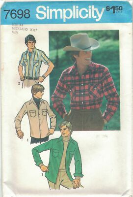 Simplicity 7698 Mens Western Shirt Pattern Vintage 1970s Choose Size UC ...
