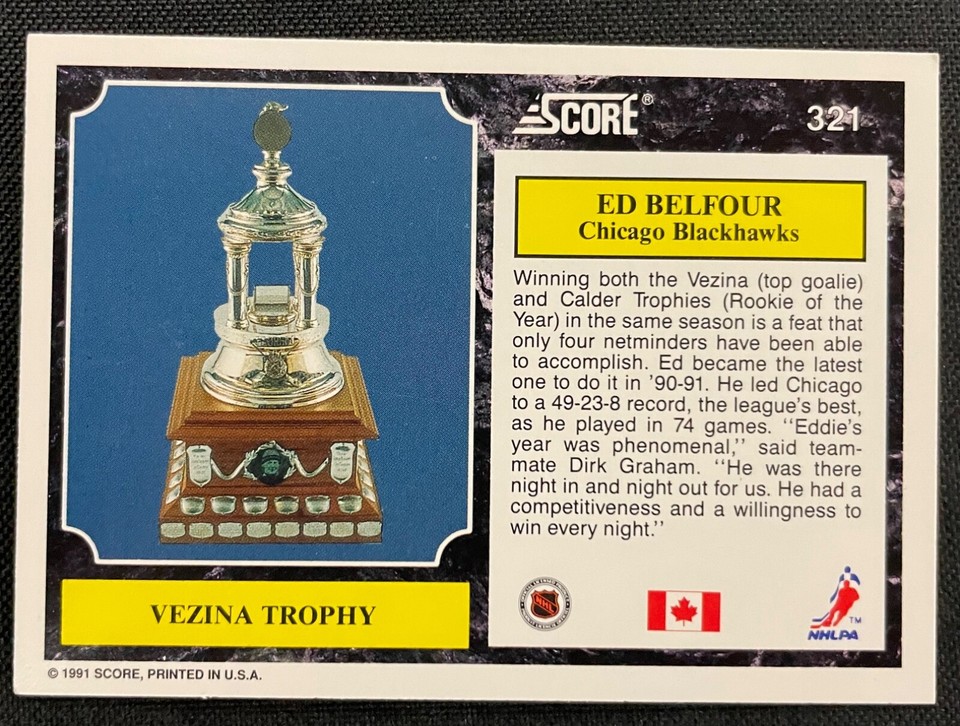 1991 SCORE ED BELFOUR "Vezina Trophy" NHL HOCKEY CARD #321 | eBay