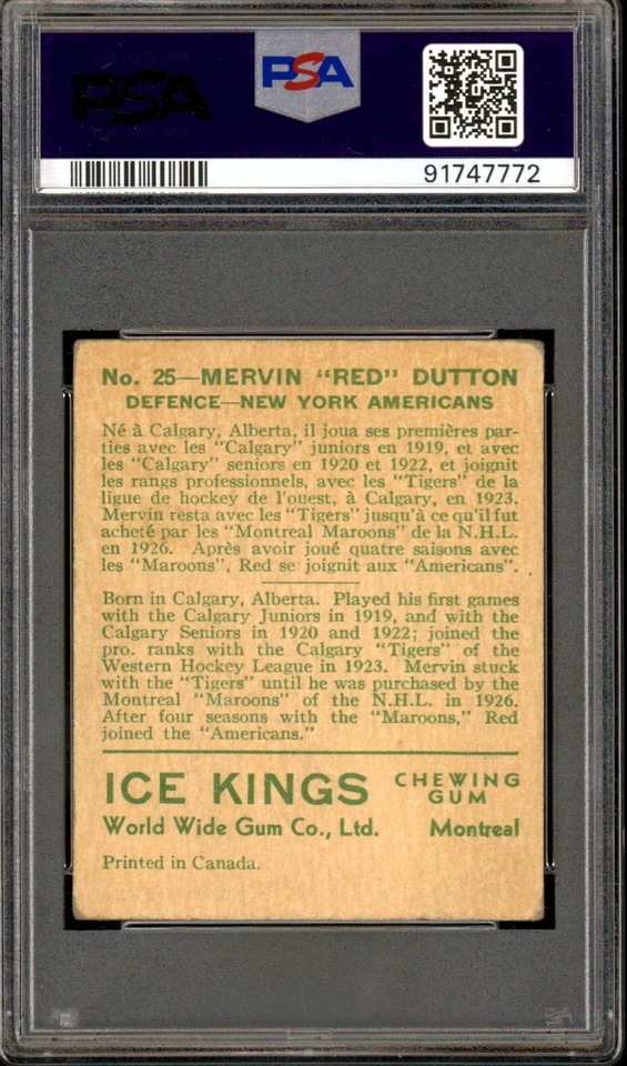 1933 World Wide Gum Hockey NHL Ice Kings 25 Red Dutton HOF PSA 3 VG mk ...