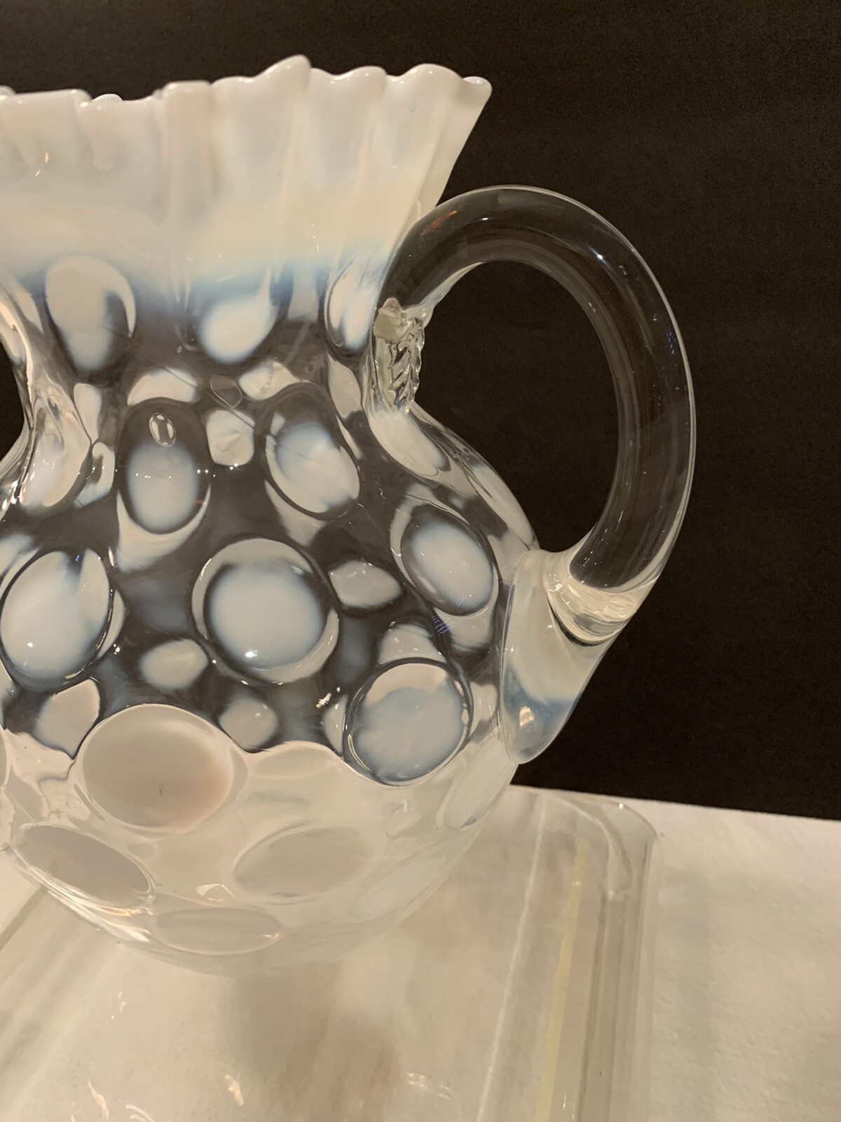 White FENTON Northwood coin dot pitcher with ruffled rim - 9” tall ...