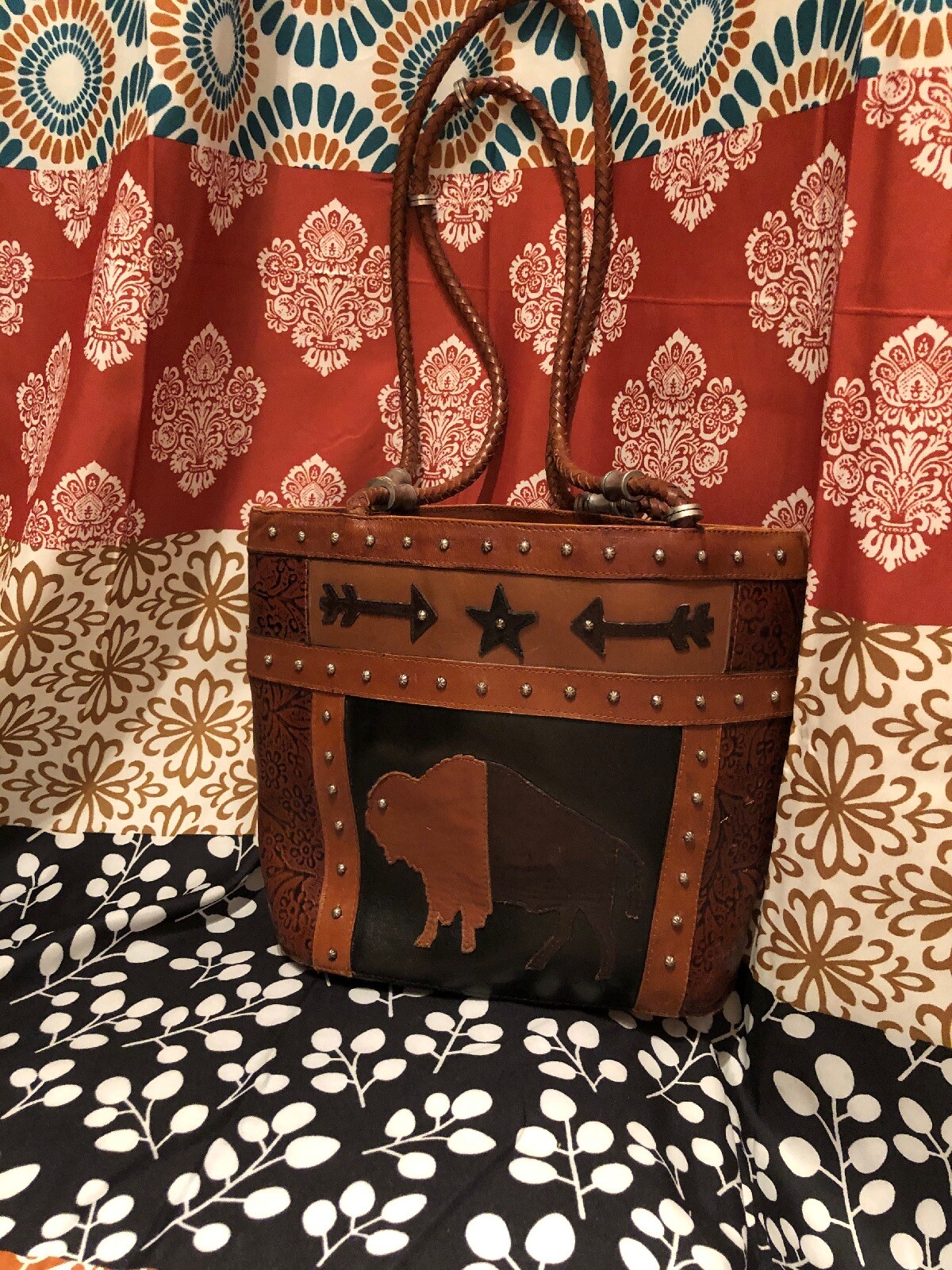Western AMERICAN Buffalo-bison Leather Shoulder Bag- Silver Accents ...