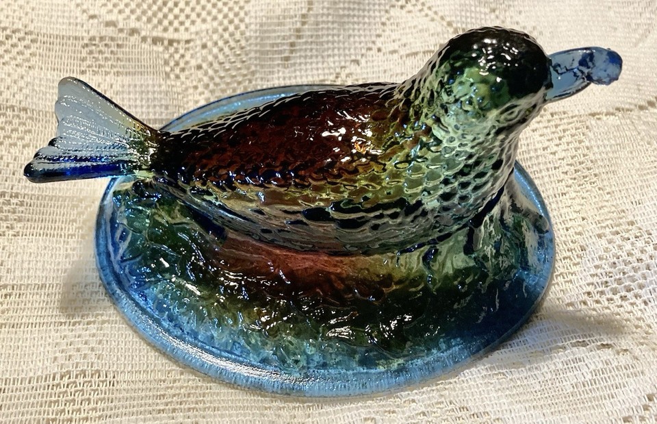 Degenhart Dark Blue Green Red Glass Robin Bird with Berry on Nest Candy ...