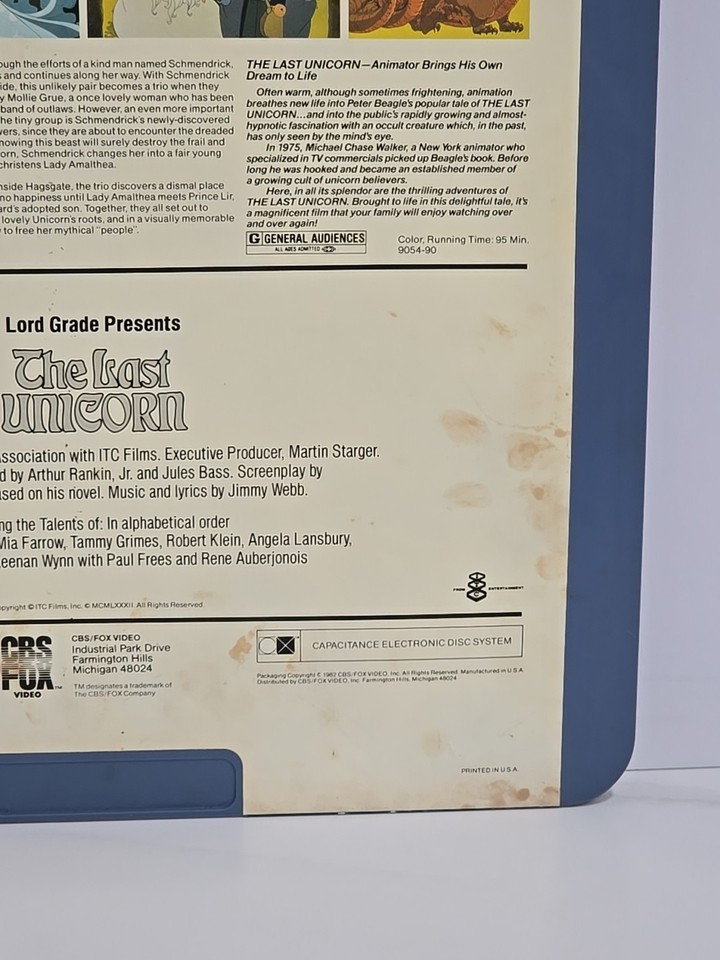 The Last Unicorn 1982 CED RCA VideoDisc SelectaVision Lord Grade ...