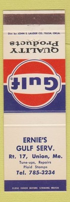 Matchbook Cover - Gulf oil gas Ernie's Union ME | eBay Australia