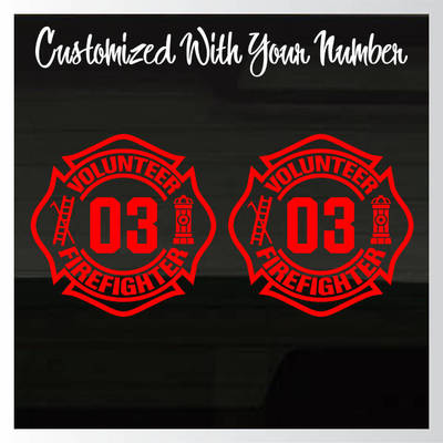 Volunteer Fire Fighter Fireman YOUR Number Set of 2 RED Decal Stickers ...