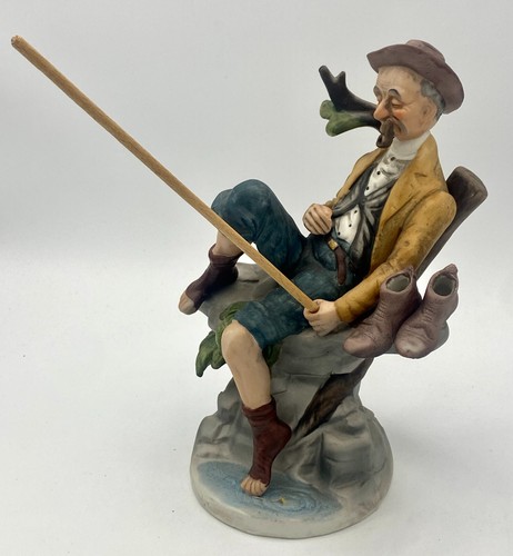 Vintage Old Man Fishing Figurine | Tramp Hobo Pipe Statue w/ Pole 9 ...